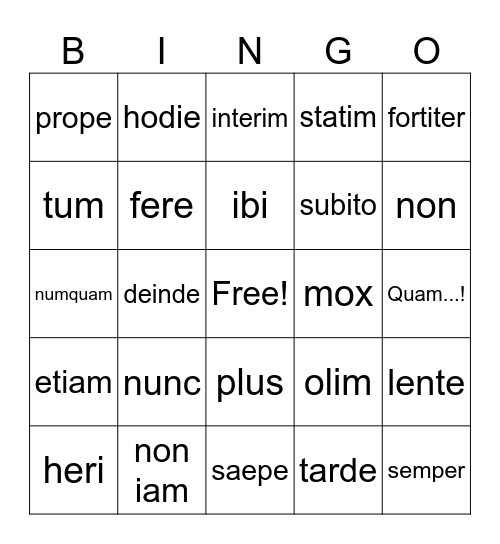 Latin Adverbs Bingo Card
