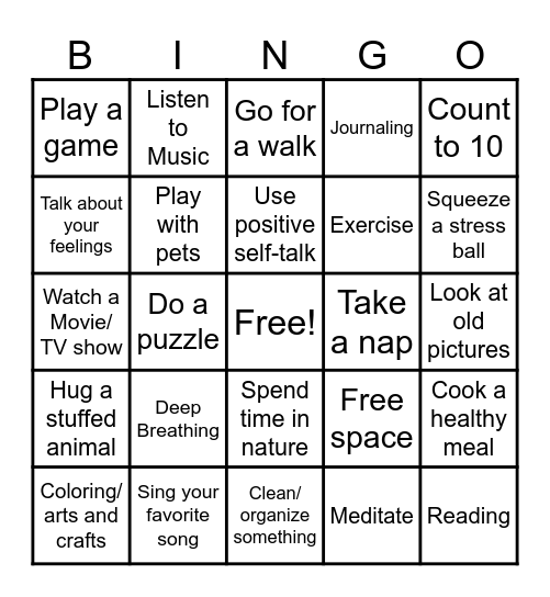 Coping Skills Bingo Card
