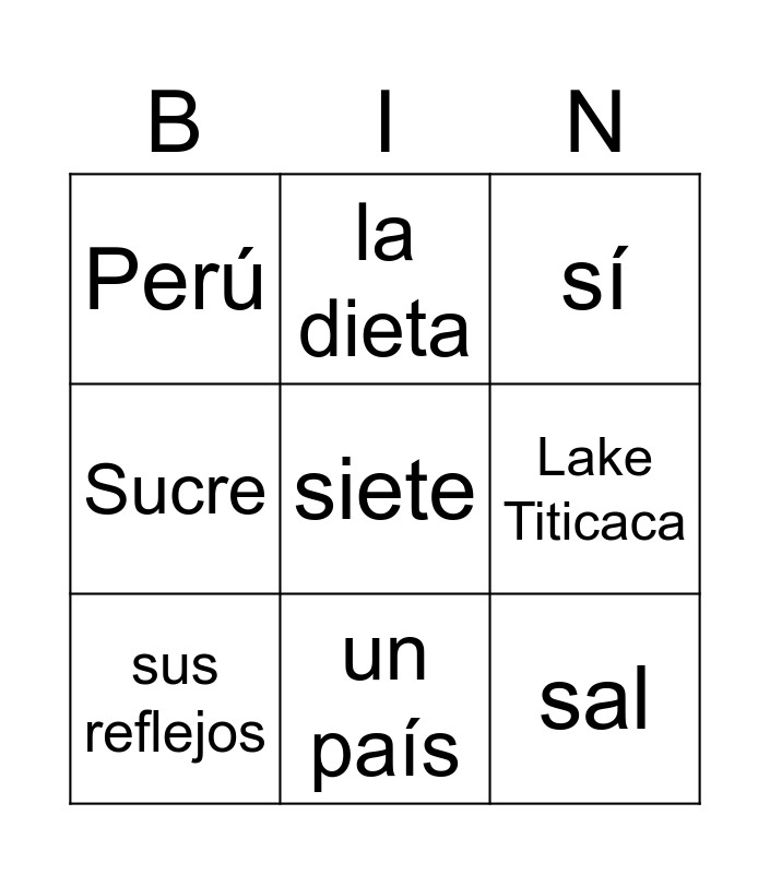 Mi Bolivia Bingo Card