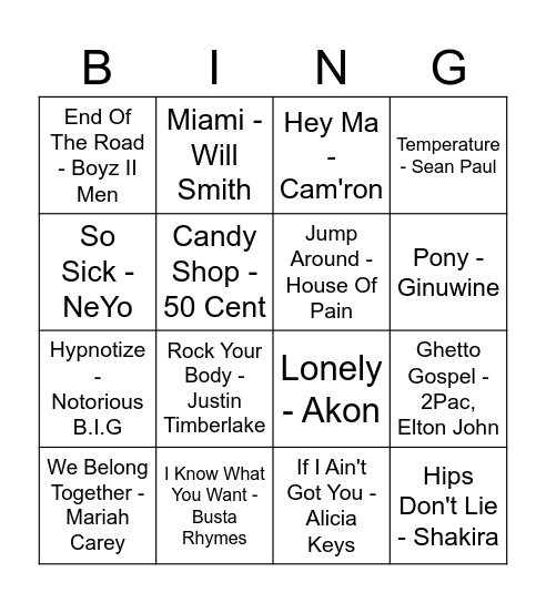 Hip Hop Bingo Card