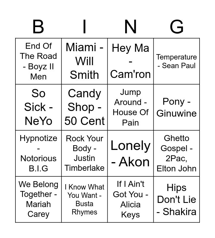 Hip Hop Bingo Card