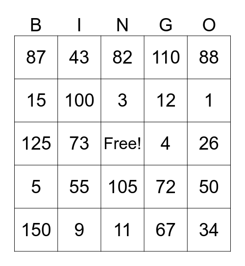 NUMBERS Bingo Card