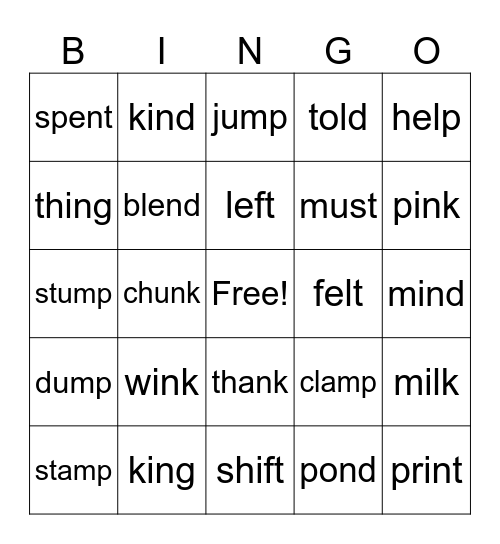 End Consonants Bingo Card