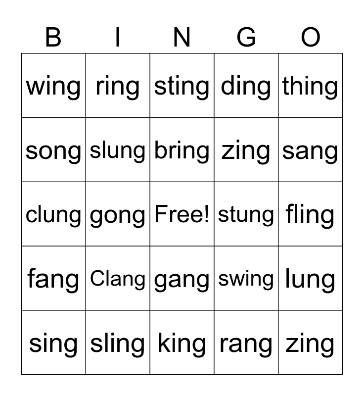 Ufli: Lesson 51 ng /n/ Bingo Card