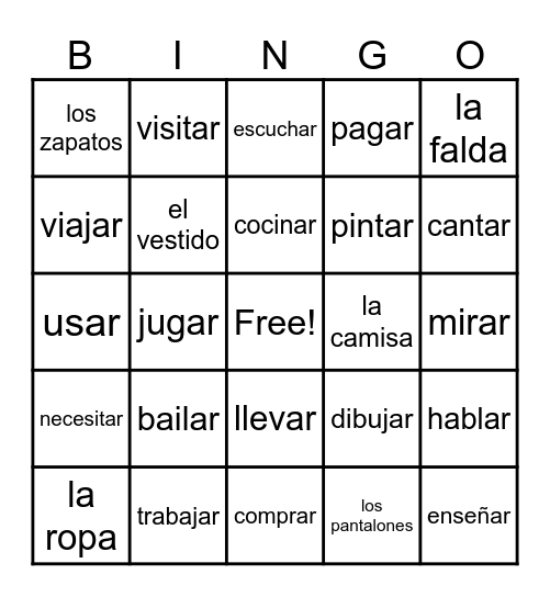 AR Verbs Bingo Card