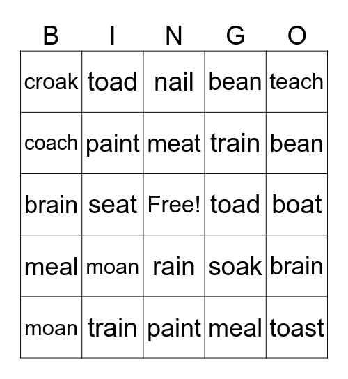 Vowel Teams ea, ai, oa Bingo Card