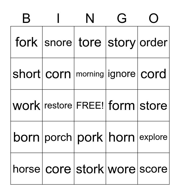 OR and ORE Word Bingo Card