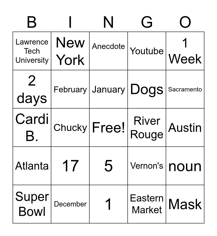 Vocabulary Stuff Bingo Card