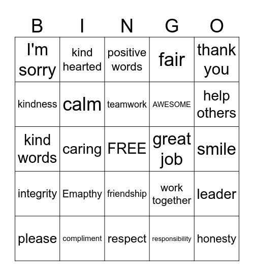 KIND WORDS BINGO Card