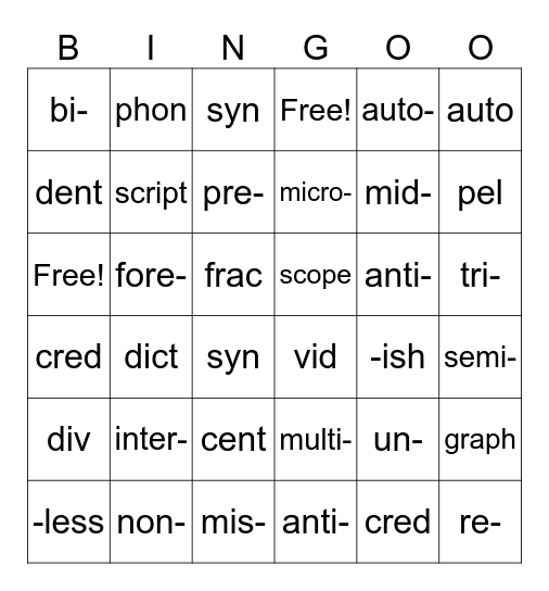 Sight Syllables Bingo Card