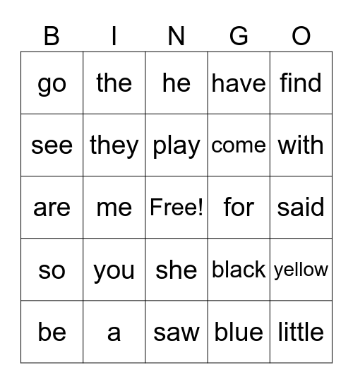 Sight Word Bingo Card