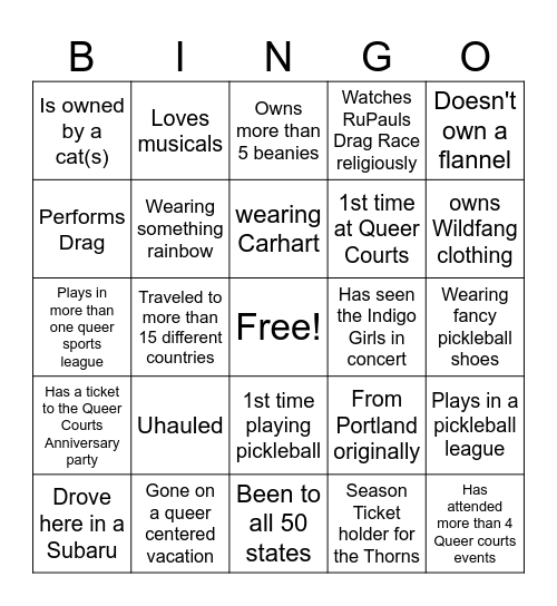 Queer Courts Bingo Mingle Bingo Card