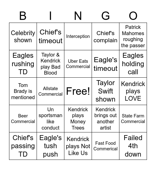 Super Bowl 2025 Bingo Card