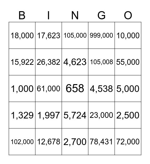 Large Numbers Bingo Card