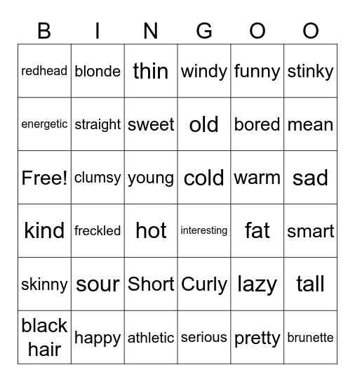 Adjectives Bingo Card