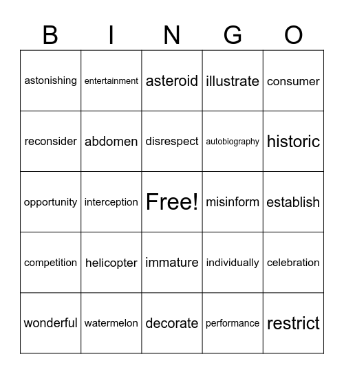 Multisyllabic Words Bingo Card