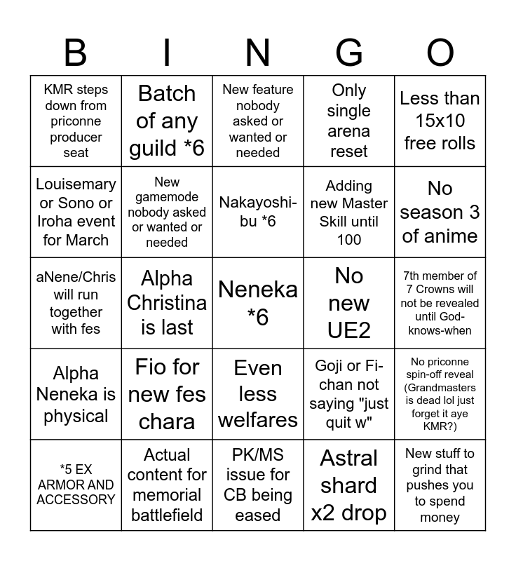 Priconne 7th anni bingo by an angry clan lead Bingo Card