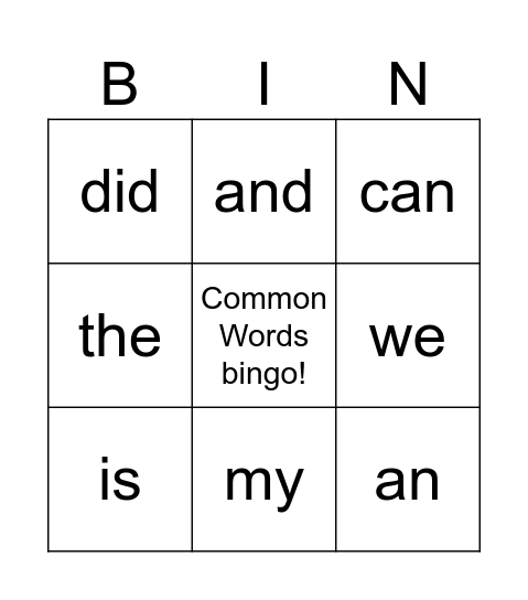 Common Words Bingo Card