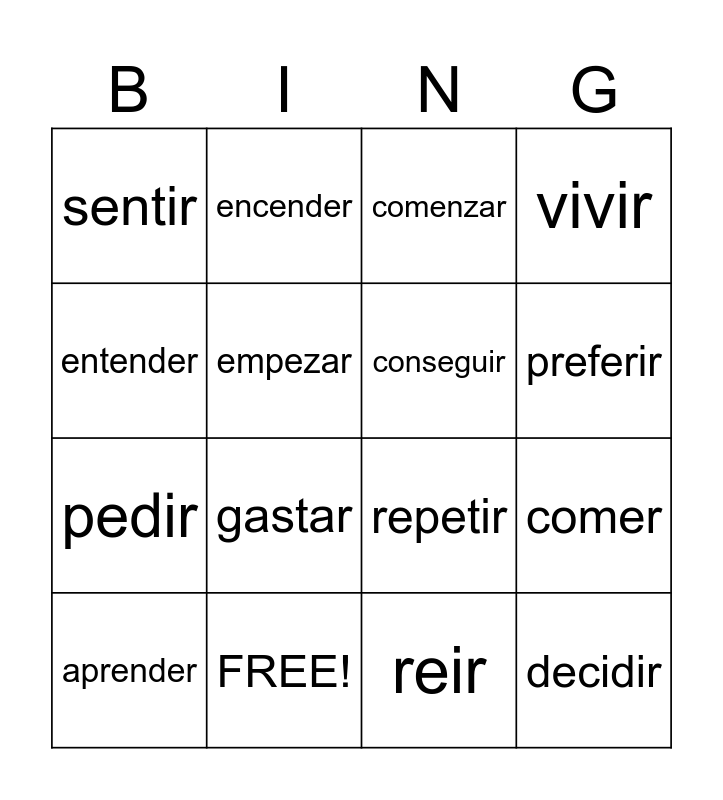 Bingo de Verbos Bingo Card