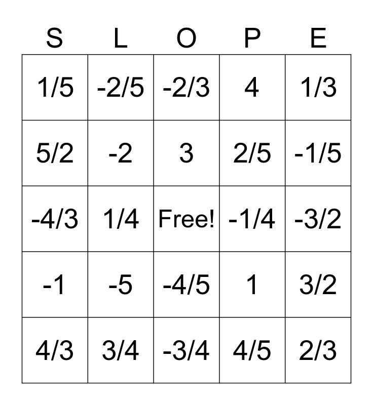 Slope Bingo Card