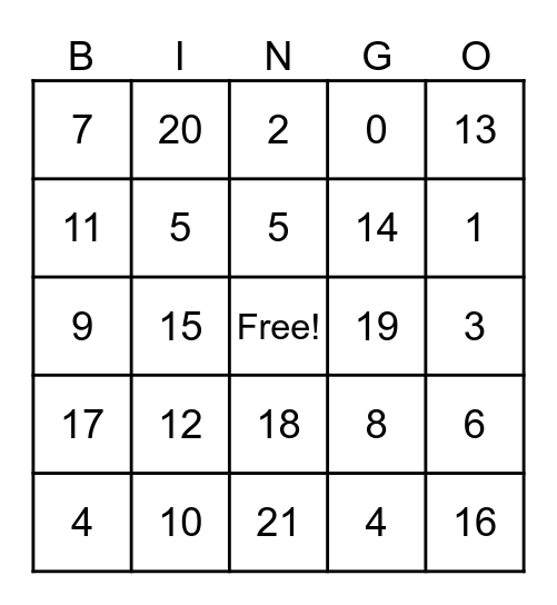 Numbers 1-21 Bingo Card