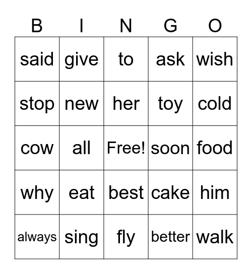 Word BINGO Card