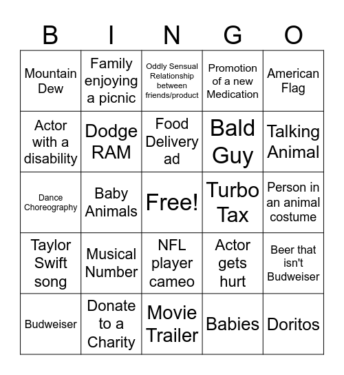 Super Bowl Commercial BINGO Card