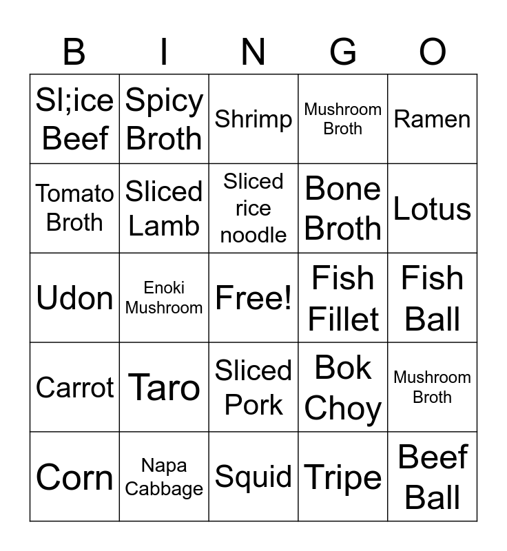 Hot Pot Bingo Card