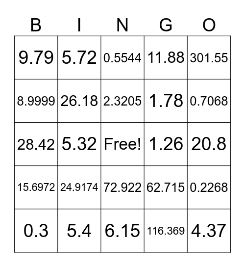 Decimal bingo Card