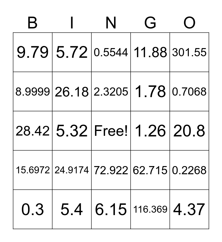 Decimal bingo Card