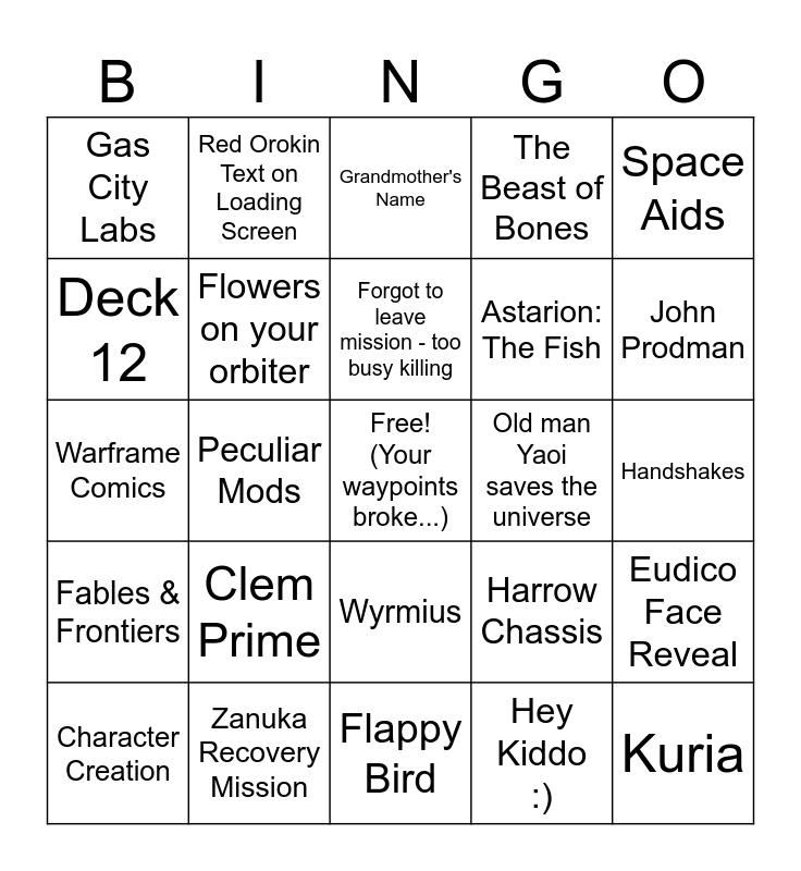 Warframe Bingo Card