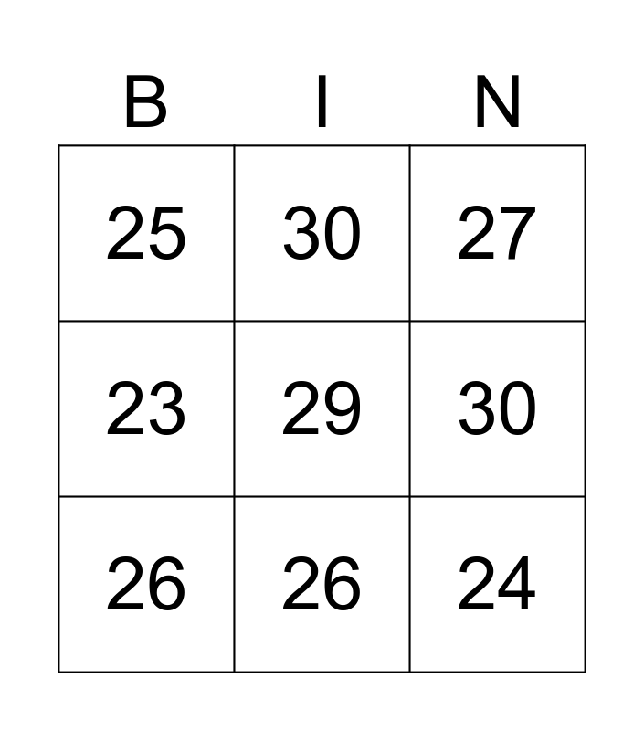 Numbers 20-30 Bingo Card