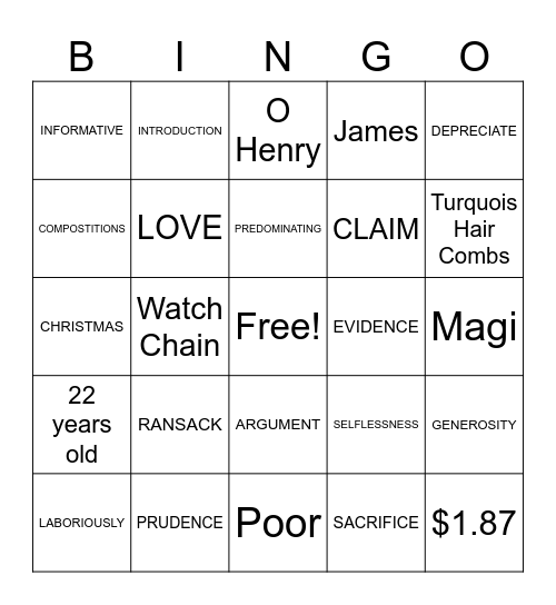 The Gift of Magi Bingo Card