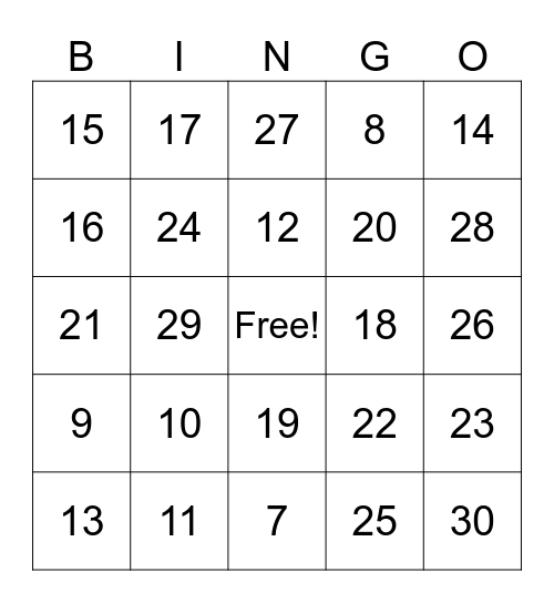 Number Bingo 7-30 Bingo Card