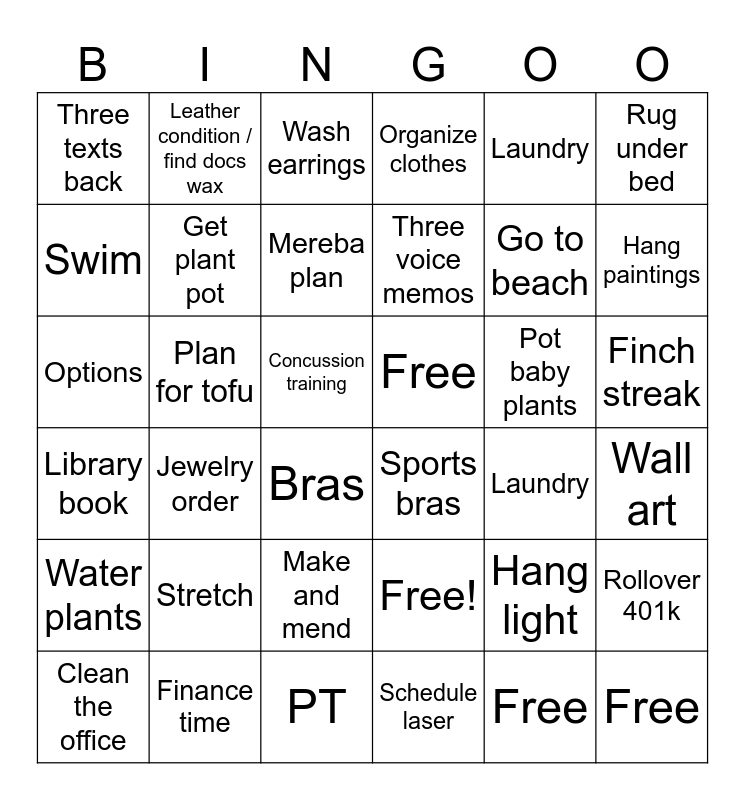 Weekend Task Bingo Card