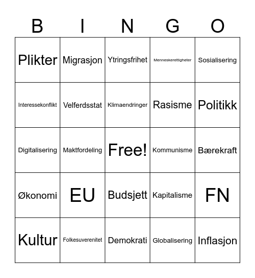 Samfunnsfag Bingo Card