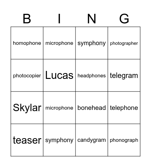 Greek Word Parts- tele, photo, graph Bingo Card