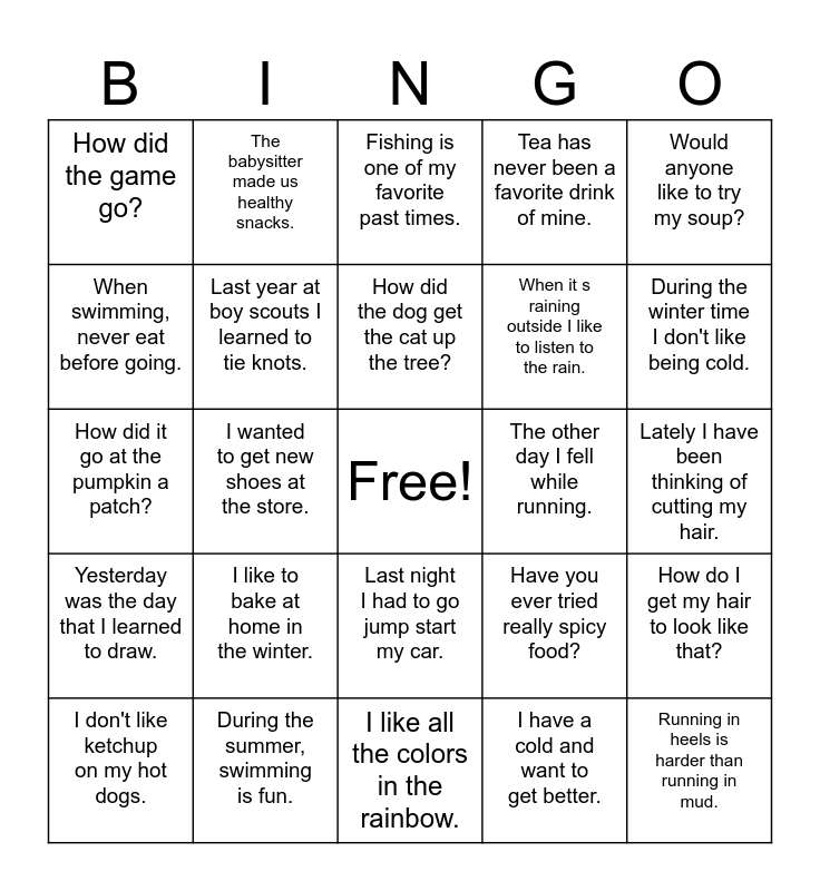 Reading Fluency Bingo Card