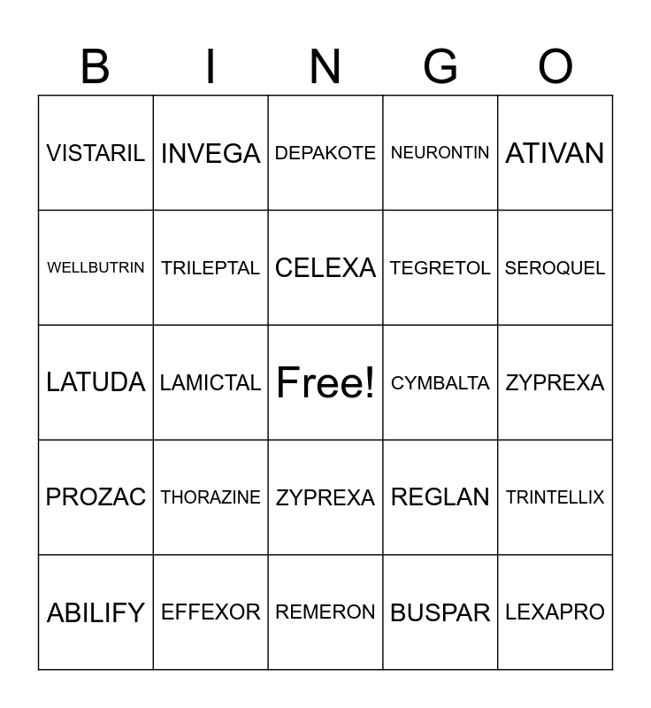 Eating Disorder Medication Class Bingo Card