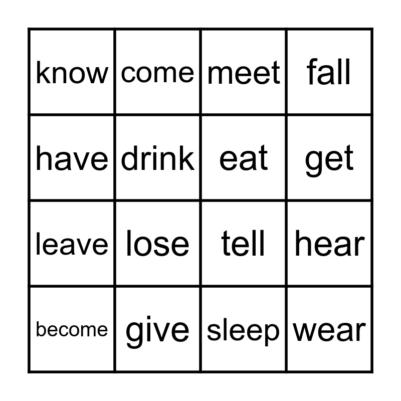 IRREGULAR VERBS BINGO Card