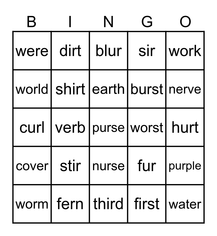 r-controlled vowels Bingo Card