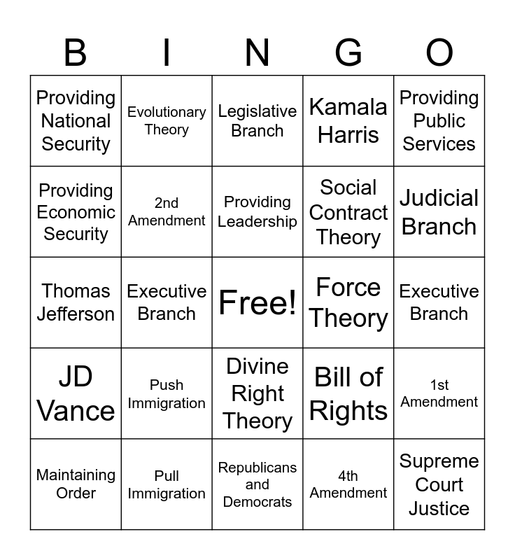 US Gov #1 6th Period Bingo Card