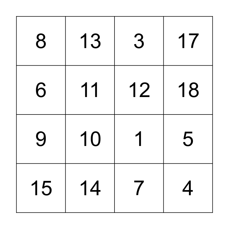 Numbers1-16 Bingo Card