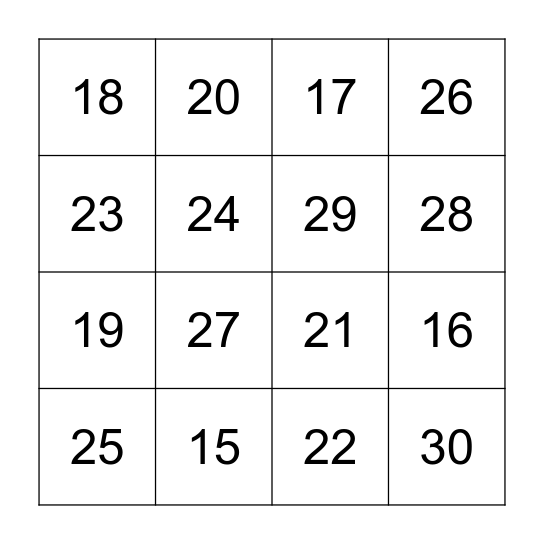 Numbers 15-30 Bingo Card