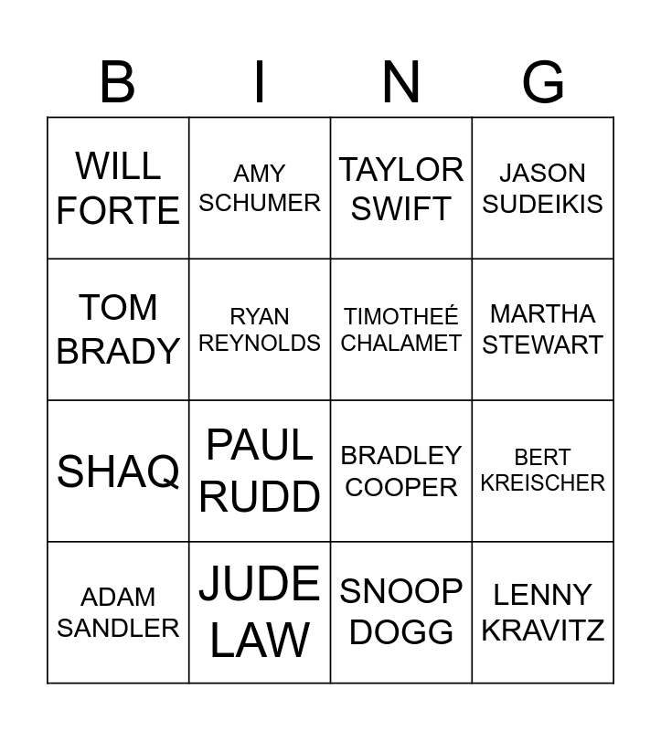 CELEBRITY BINGO! Bingo Card