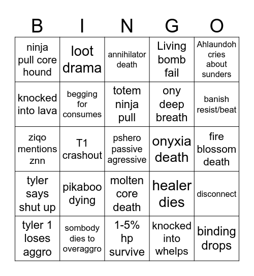 t1 mc raid Bingo Card