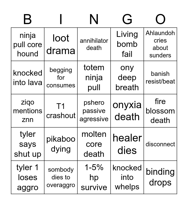 t1 mc raid Bingo Card