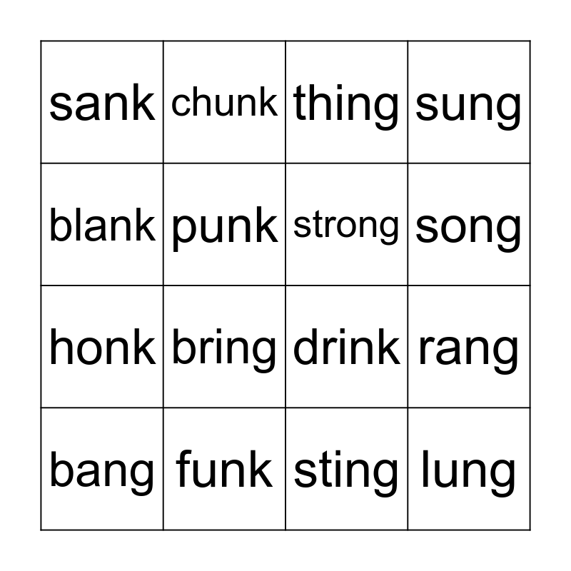 -nk and -ng Bingo Card