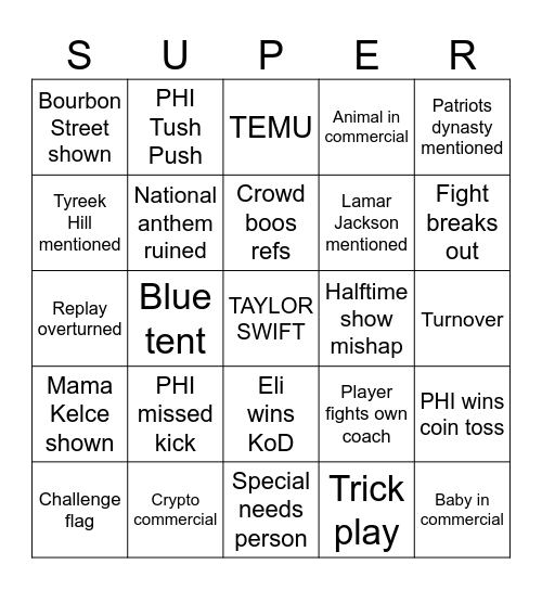 SUPER BOWL 2025 Bingo Card