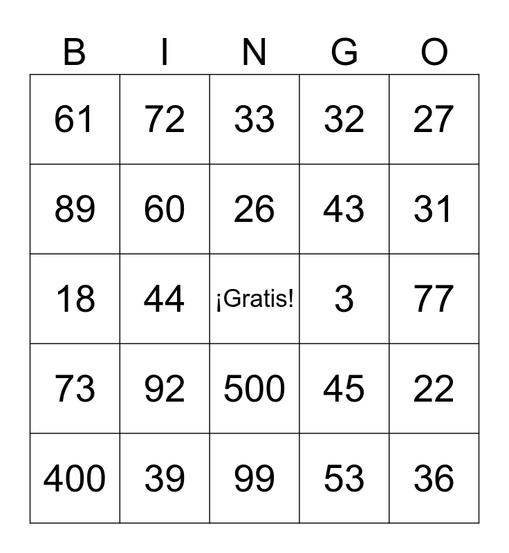 Los Números Bingo Card